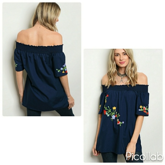 Tops | Blue Embroidered Offshoulder Blouse | Poshmark